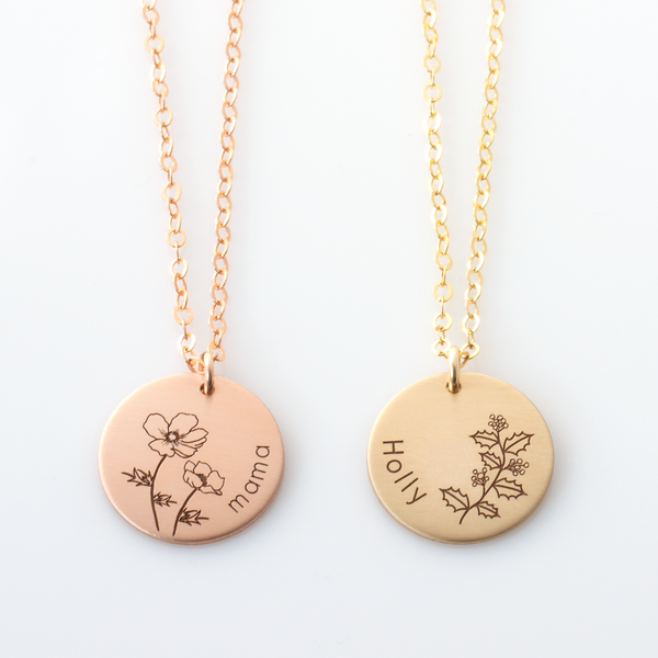 Birth Flower & Name Disc Necklace - LEILA